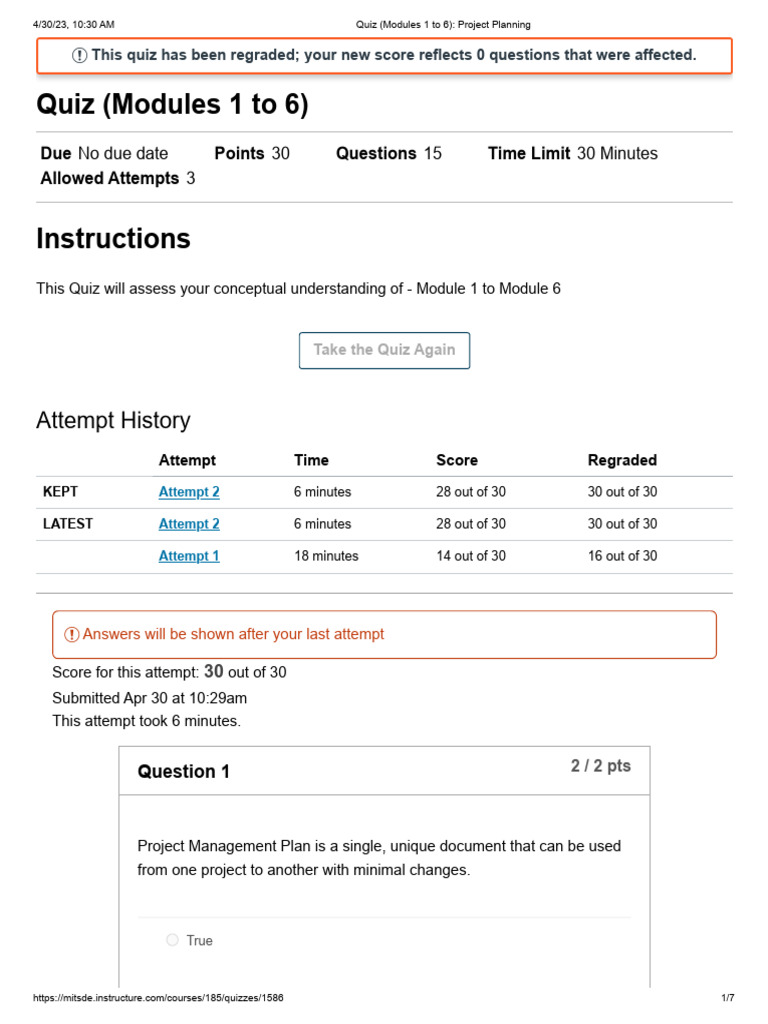 Quiz (Modules 1 To 6) - Project Planning | PDF | Project Management ...