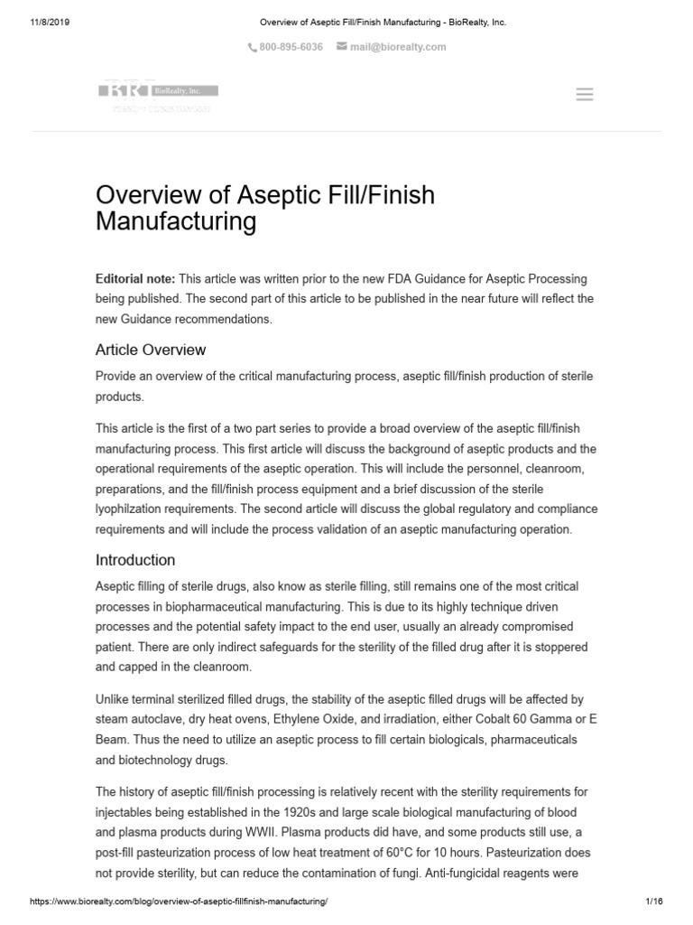 Overview of Aseptic Fill_Finish Manufacturing - BioRealty, Inc_ | PDF ...