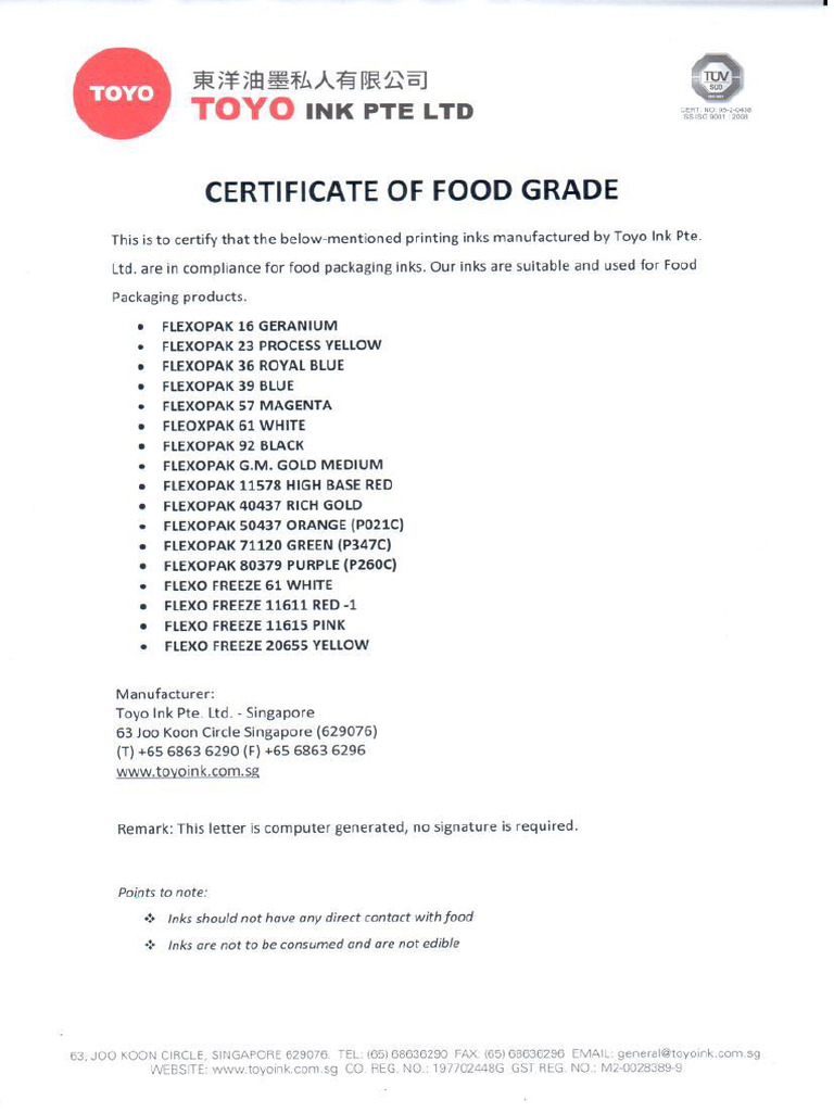 CF - Certificate of Food Grade Toyo Printing Ink | PDF