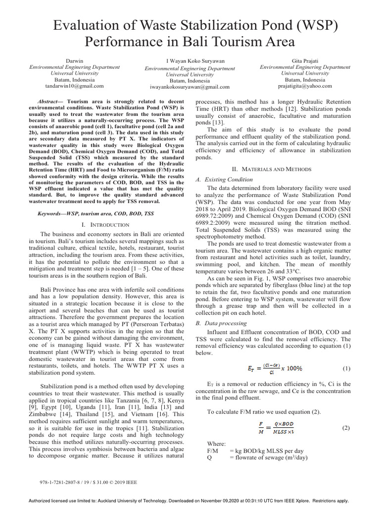 Evaluation of Waste Stabilization Pond (WSP) Performance in Bali Tourism Area | PDF ...
