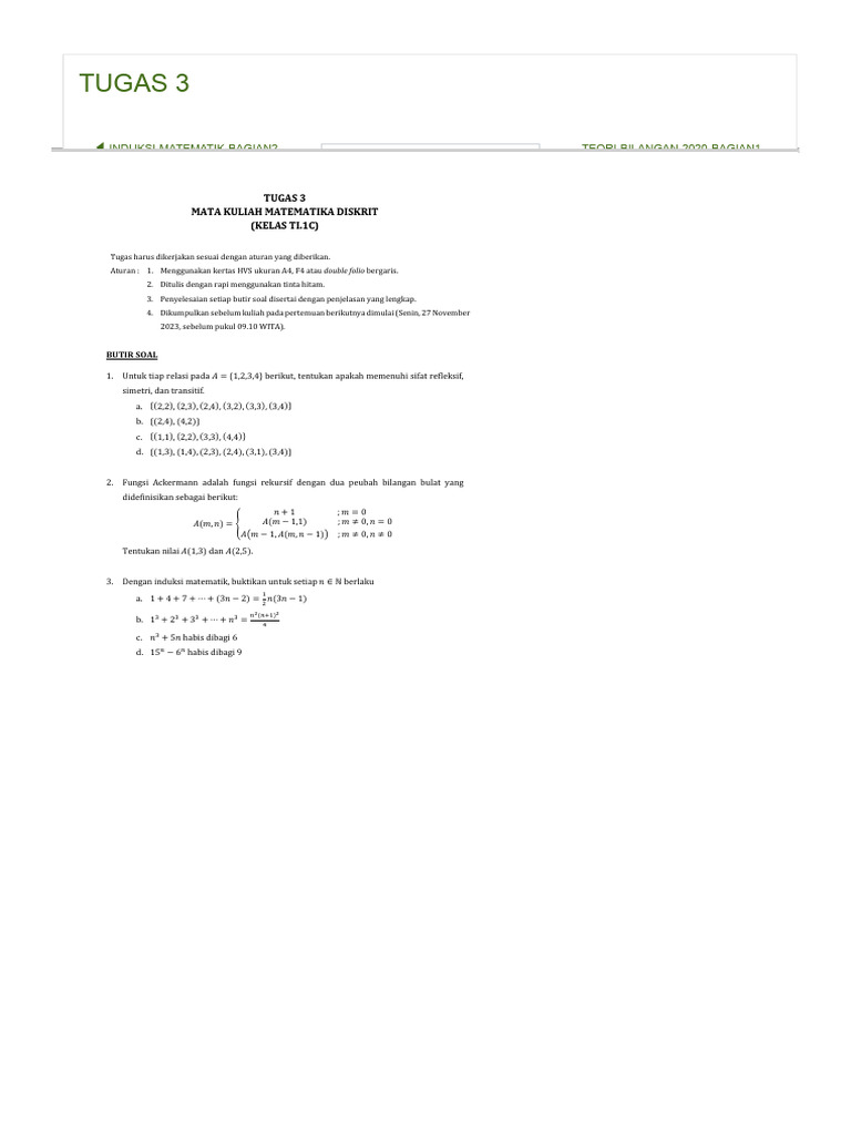 Tugas Matematika Diskrit: Induksi dan Relasi | PDF | Metode & Bahan ...