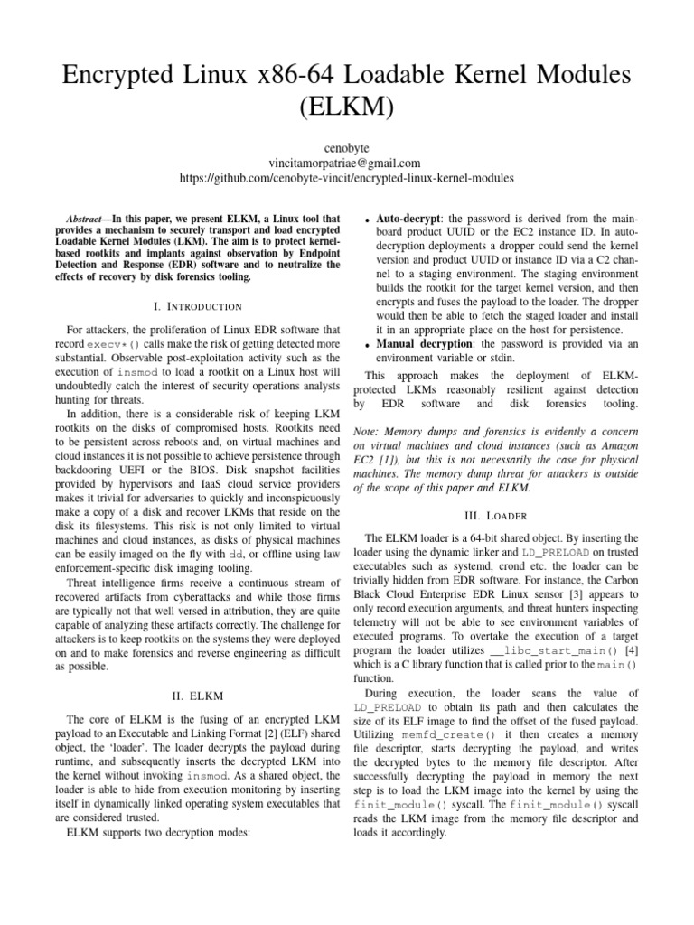 Encrypted Linux x86 64 Loadable Kernel Modules Paper | PDF | Encryption | Cryptography