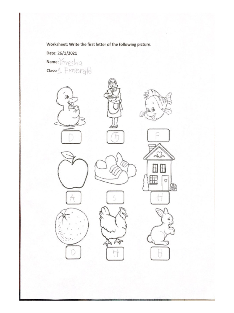 Worksheet Write The First Letter of The Following Picture | PDF