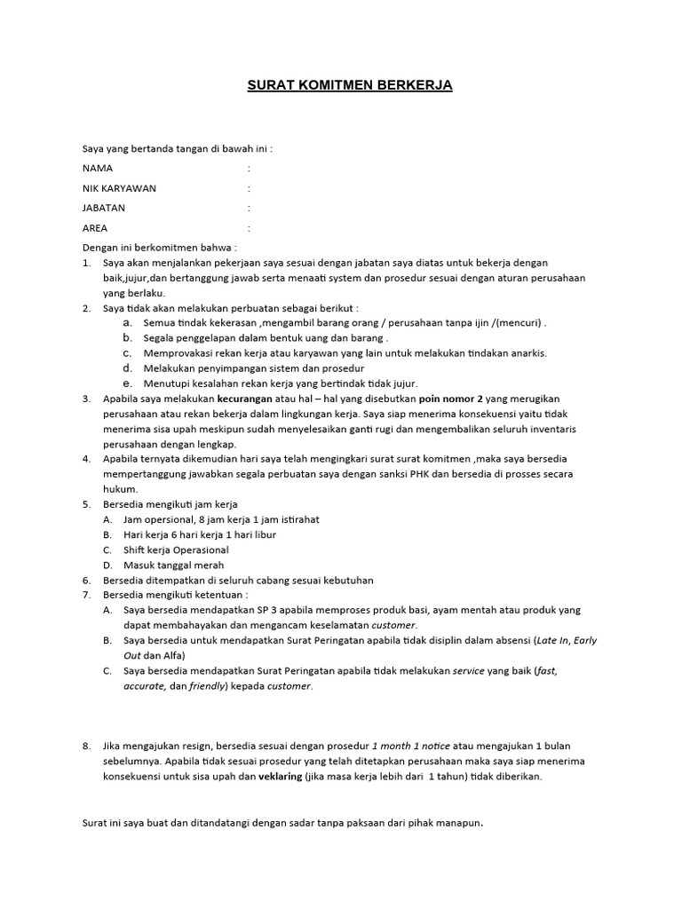Surat Komitmen Bekerja 2023 | PDF