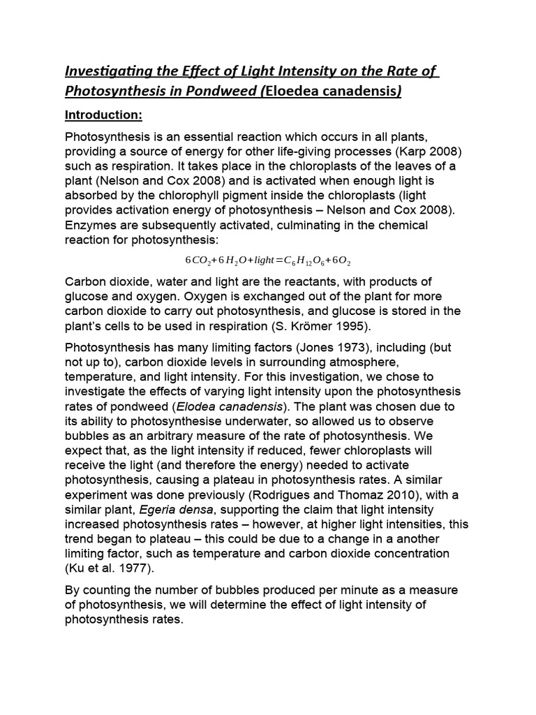 Light Intensity Effects on Elodea Photosynthesis | PDF | Photosynthesis ...