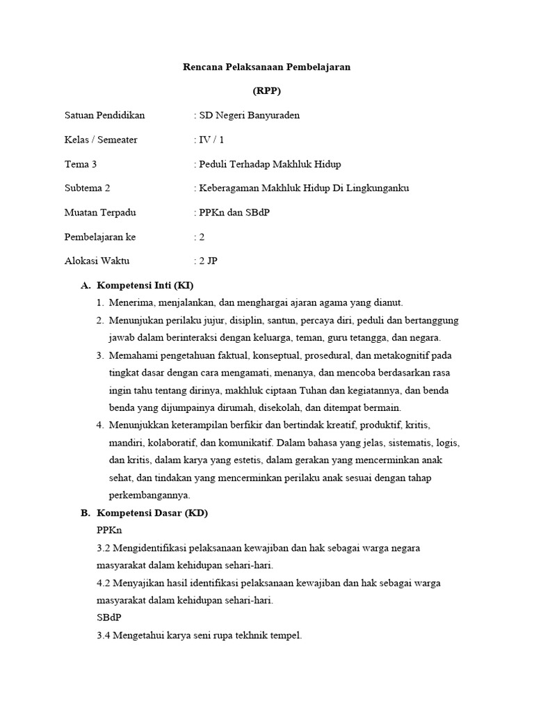 RPP Kelas 4 Tema 3 Subtema 2 PB 2 Praktek Ke 6 | PDF