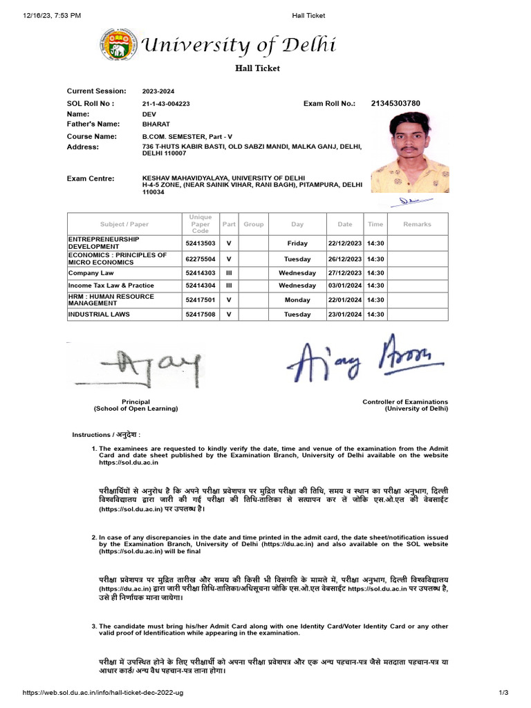 Hall Ticket: Current Session: SOL Roll No: Exam Roll No.: Name: Father's Name: Course Name ...