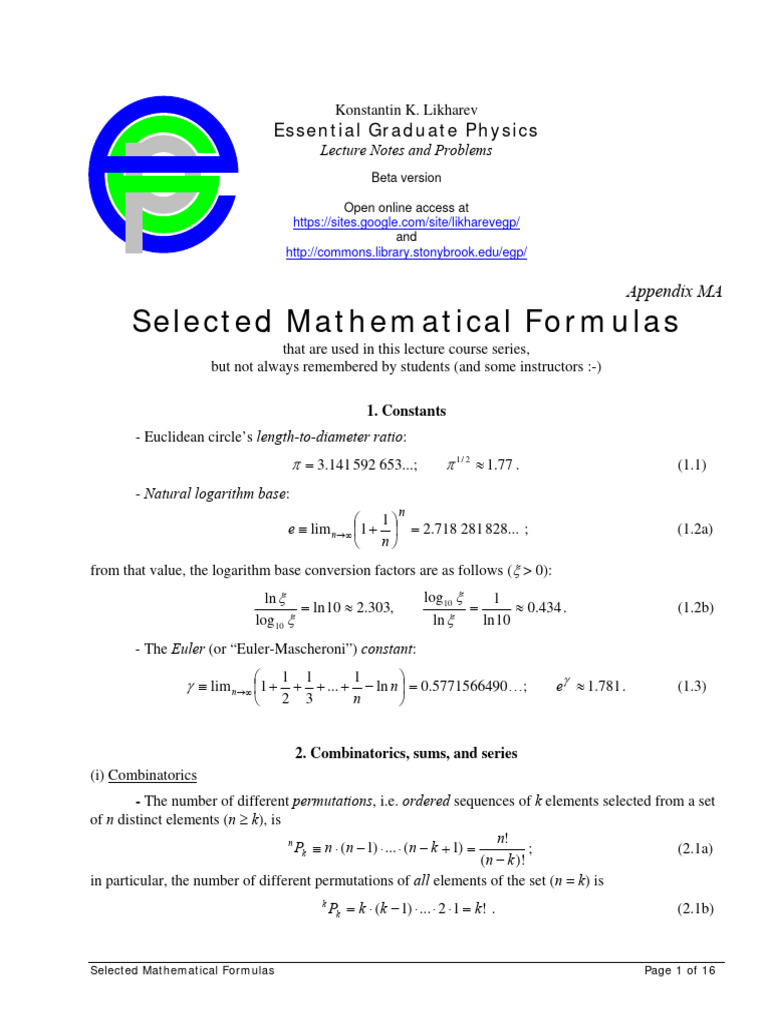 Selected Mathematical Formulas | PDF | Euclidean Vector | Mathematical ...