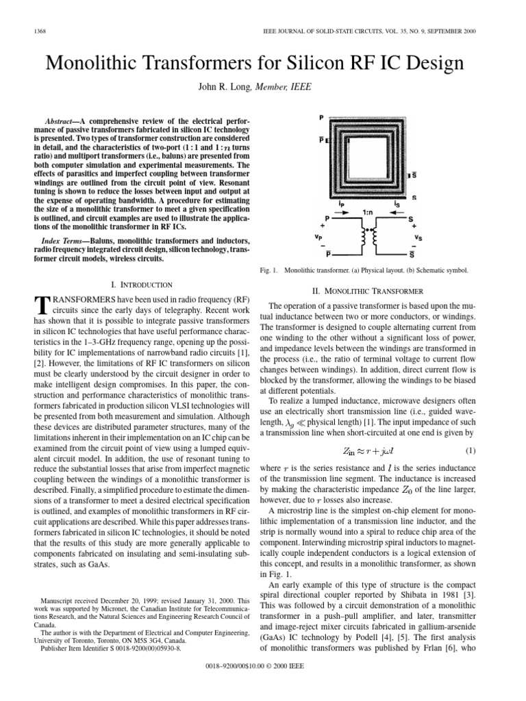 Monolithic Transformers For Silicon RF IC Design: John R. Long, Member ...