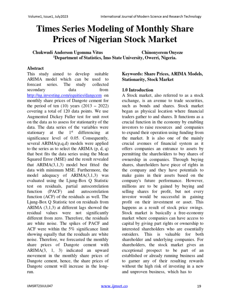 Times Series Modeling of Monthly Share Prices of Nigerian Stock Market ...