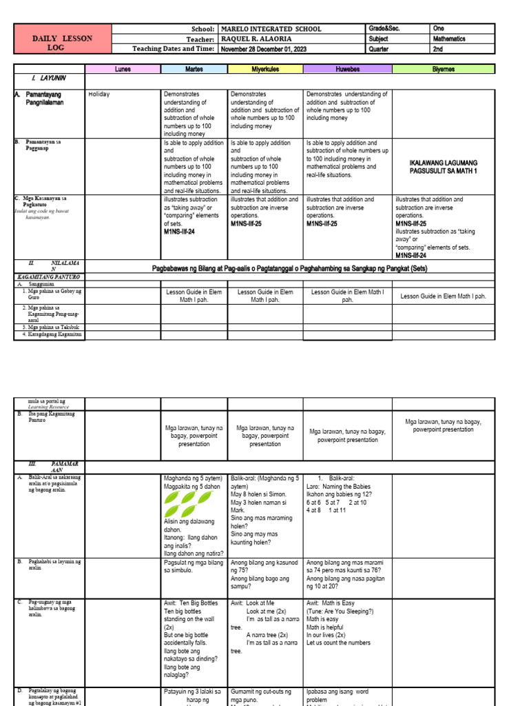 Math1 - DLL Q2 Week 4 | PDF | Subtraction | Mathematics