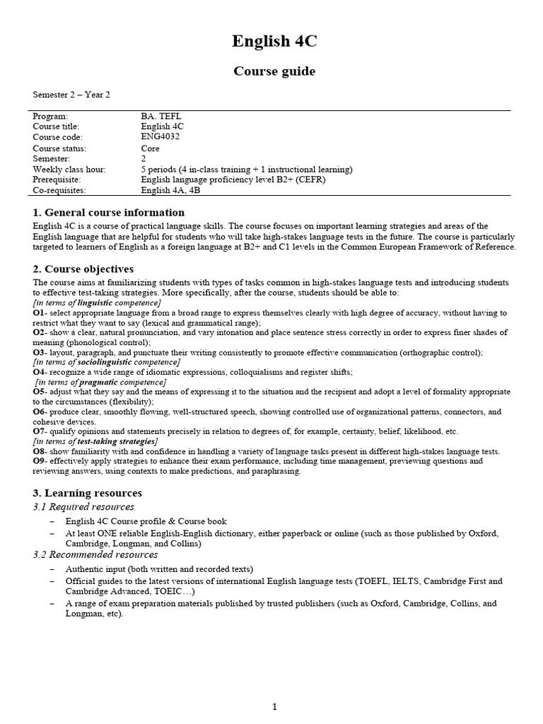 4C - Course Guide 2022 | PDF | Vocabulary | Fluency