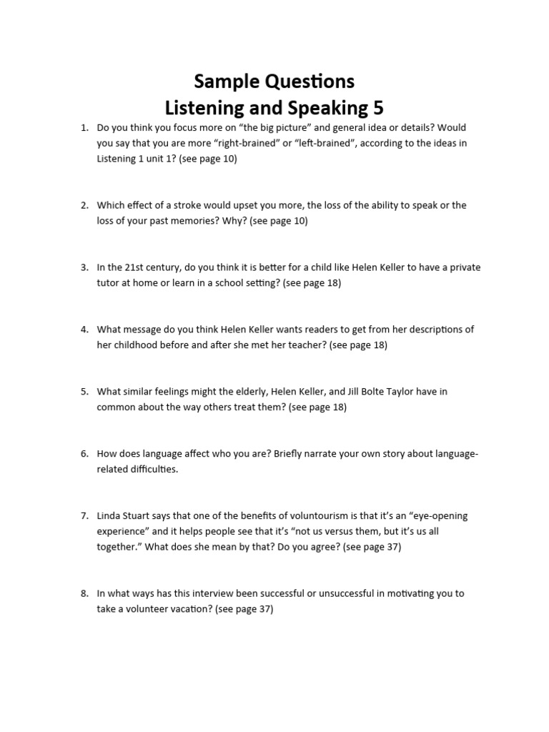 Sample Questions For Speaking Test | PDF