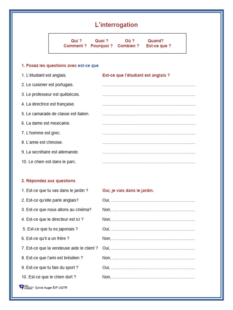 Exercices d'interrogation en français | PDF | Question | Ouverture (échecs)
