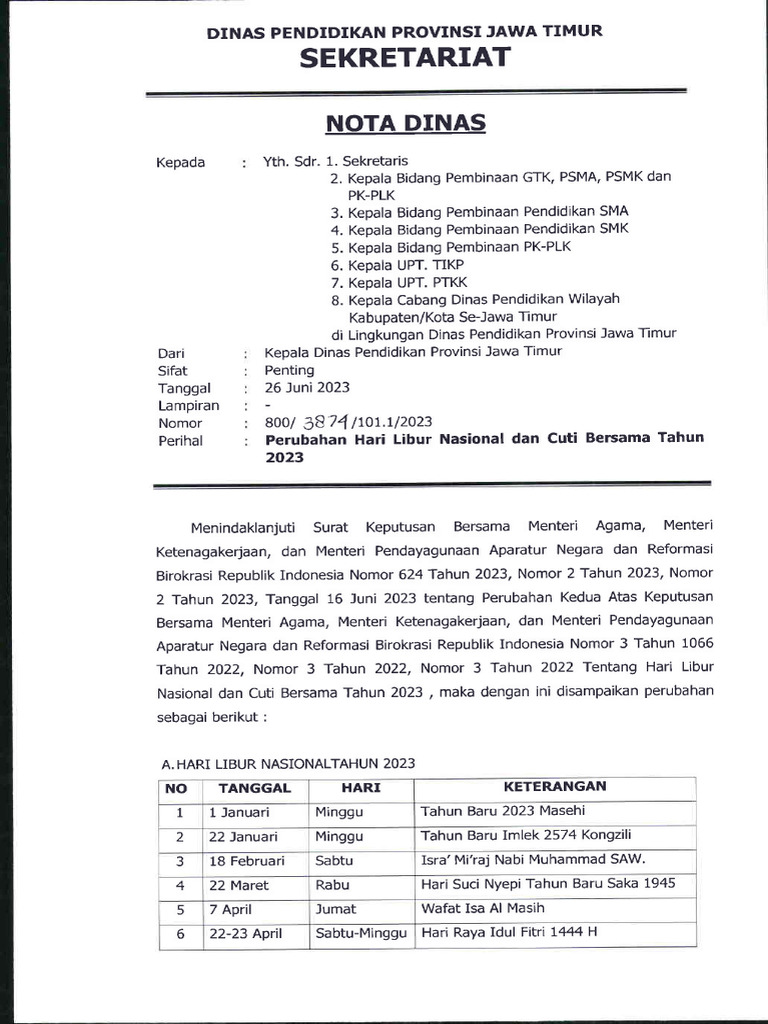 Nota Dinas Perubahan Hari Libur & Cuti Bersama Th. 2023 | PDF