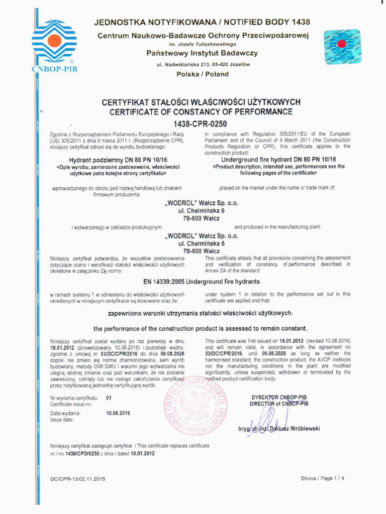 Certyficate of Constancy of Performance 1438-CPR-0250 | PDF