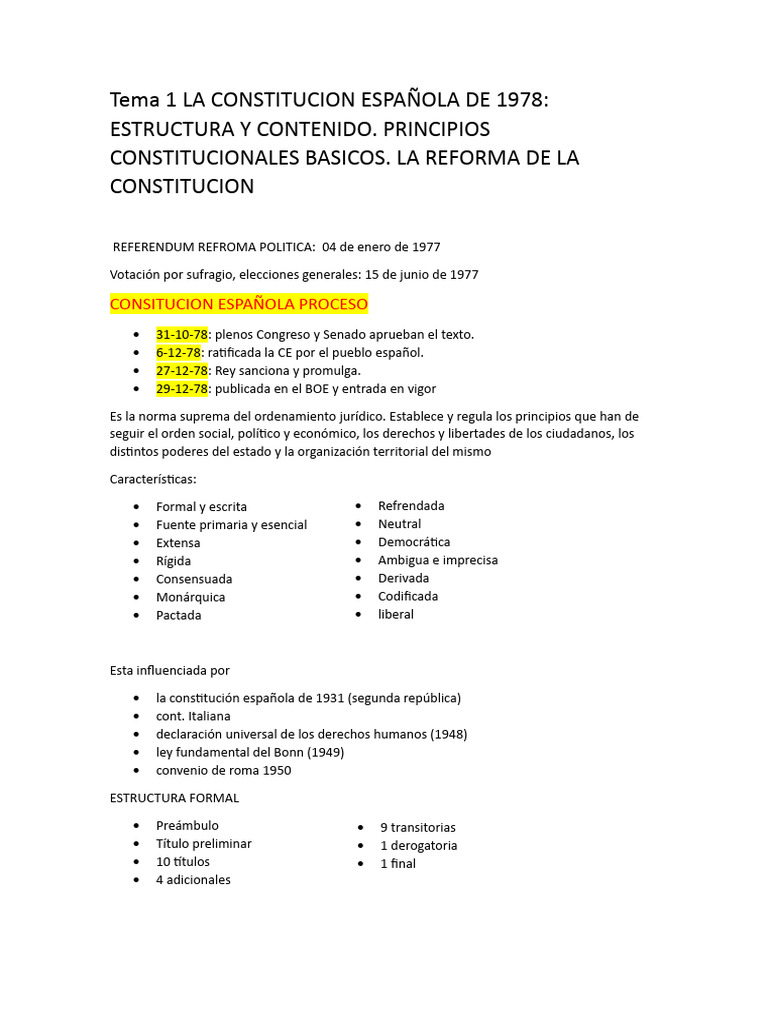 Tema 1 La Constitucion Española de 1978 | PDF