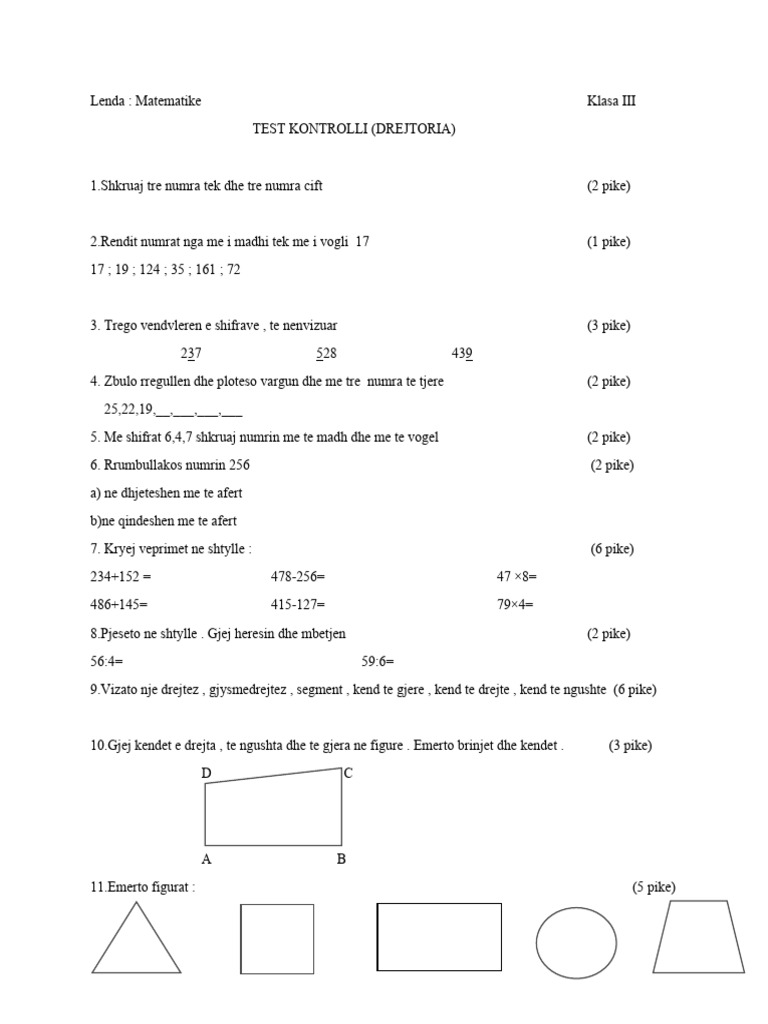 Matematike, Klasa III, Kontroll Drejtorie | PDF