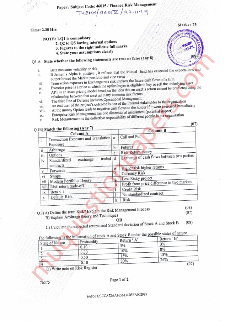 Tybms Sem5 RM Nov19 | Download Free PDF | Insurance | Risk