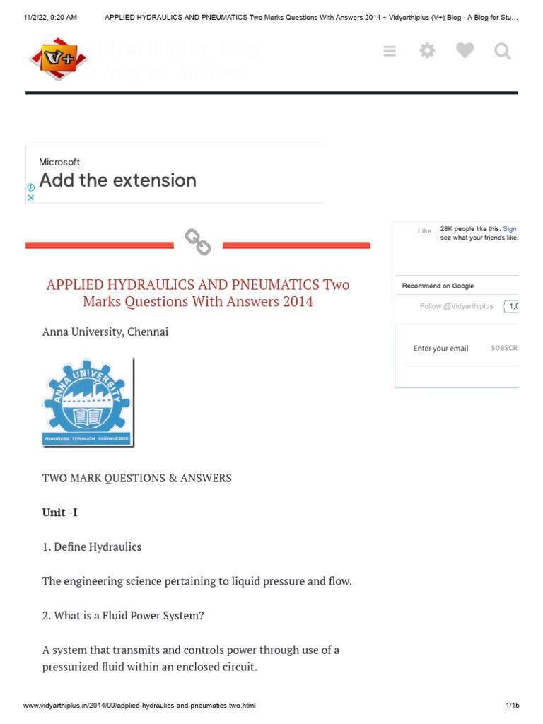 APPLIED HYDRAULICS and PNEUMATICS Two Marks Questions With Answers 2014 - Vidyarthiplus (V+ ...