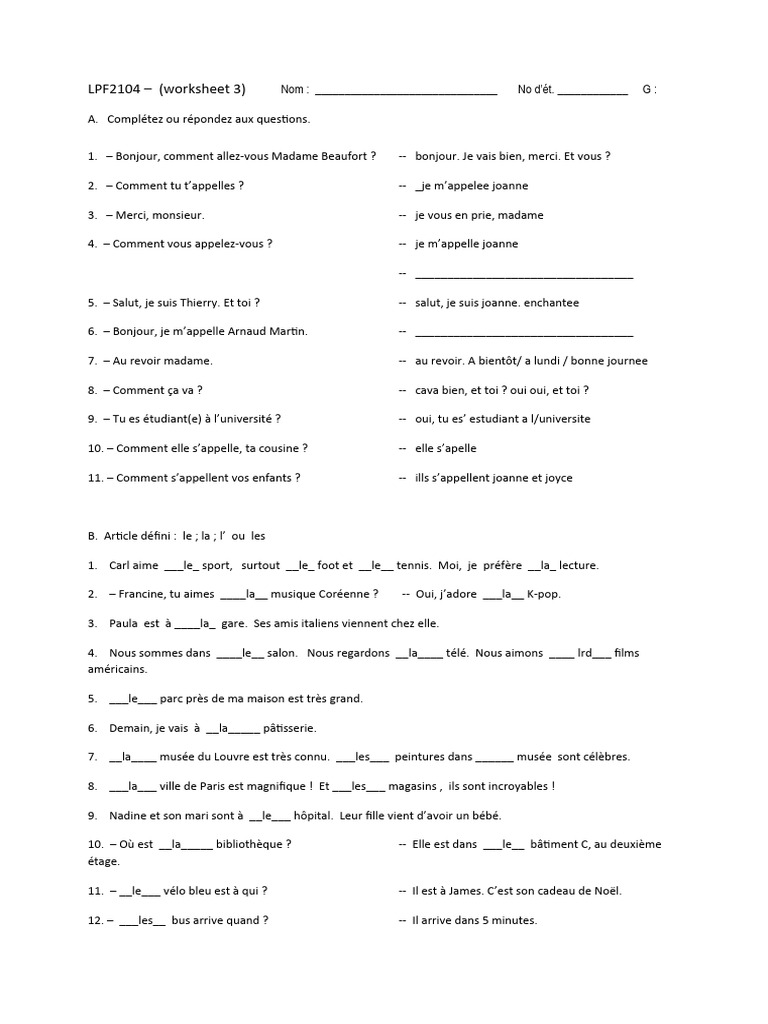 French Worksheet 2 | PDF