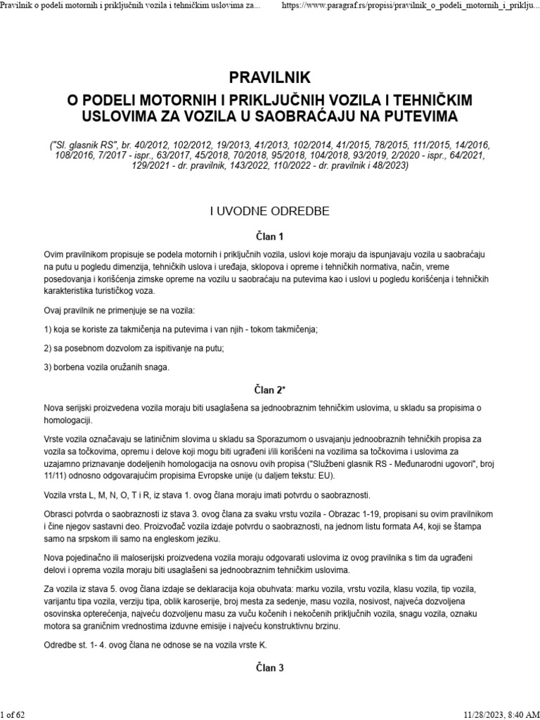Pravilnik o Podeli Motornih I Priključnih Vozila I Tehničkim Uslovima Za Vozila U Saobraćaju Na ...