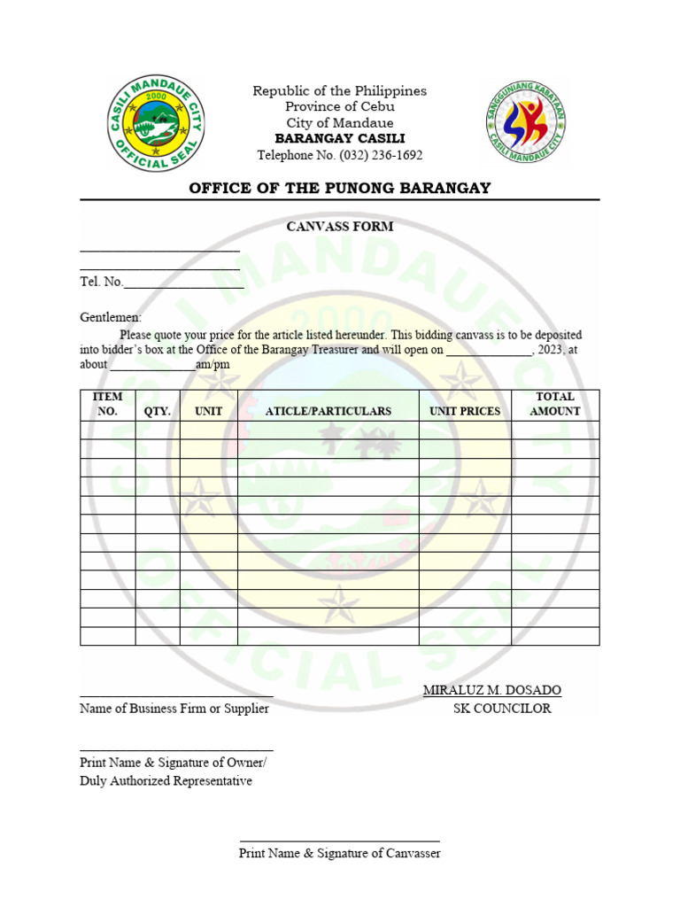Canvass Form | PDF