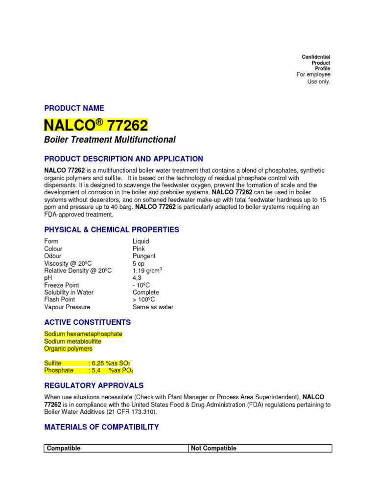 Nalco 77262: Boiler Treatment Multifunctional | PDF