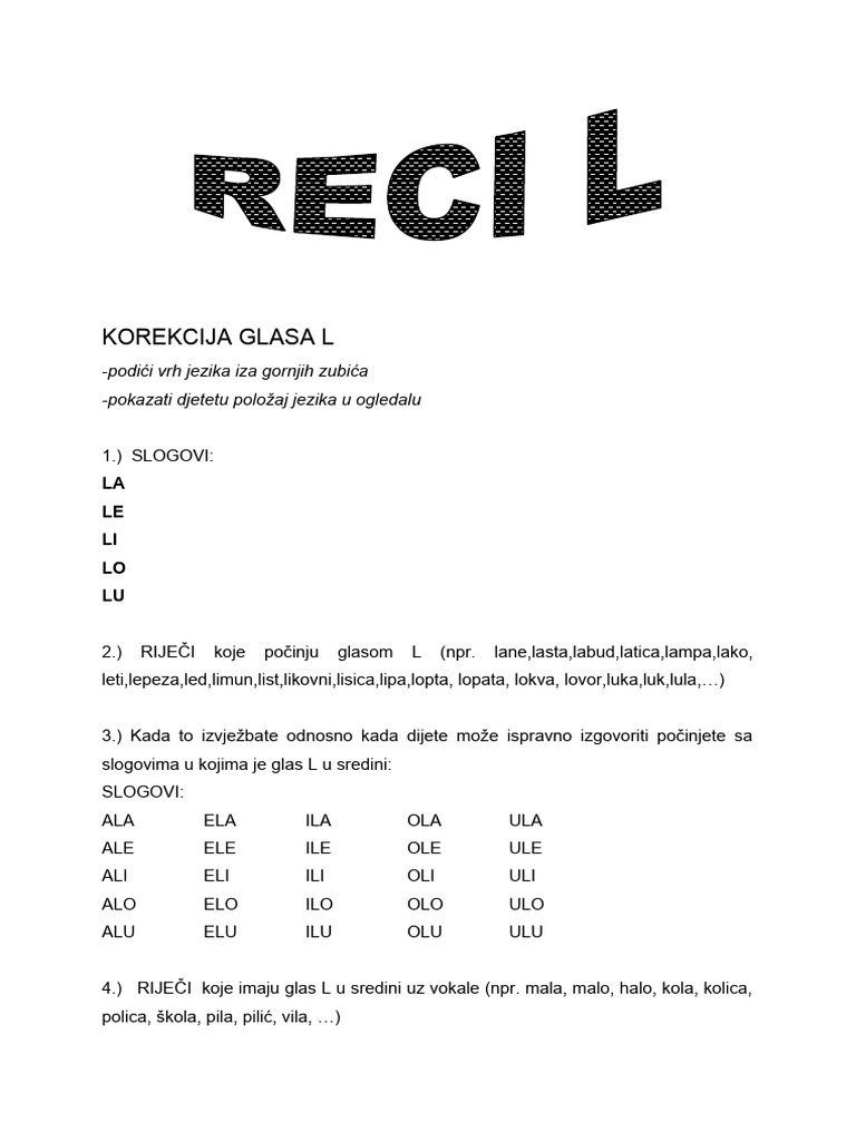 Logopedske Vježbe - Korekcija Glasa L | PDF
