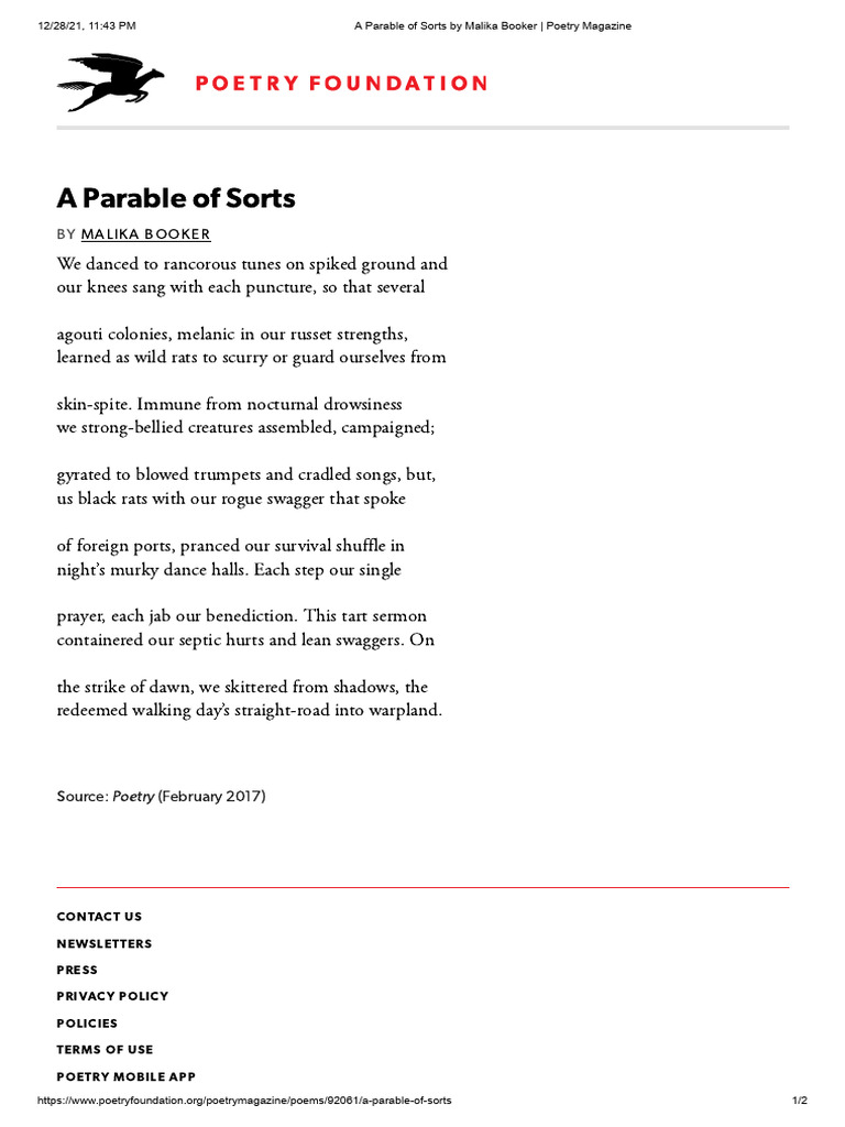 A Parable of Sorts by Malika Booker - Poetry Magazine | PDF