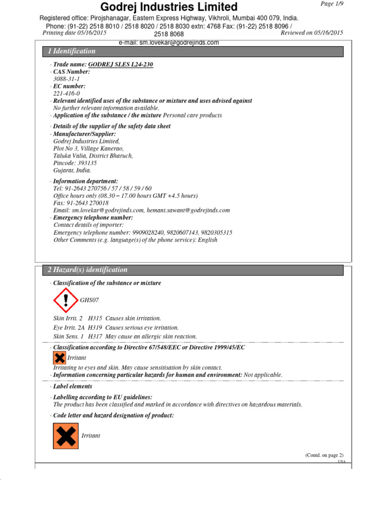 SLES Liquid 3088-31-1-MSDS-Godrej SLES L24-230 US GHS | PDF