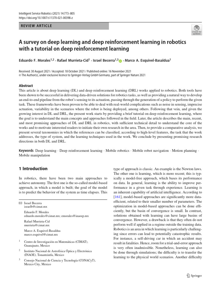 A Survey On Deep Learning and Deep Reinforcement Learning in Robotics With A Tutorial On Deep ...