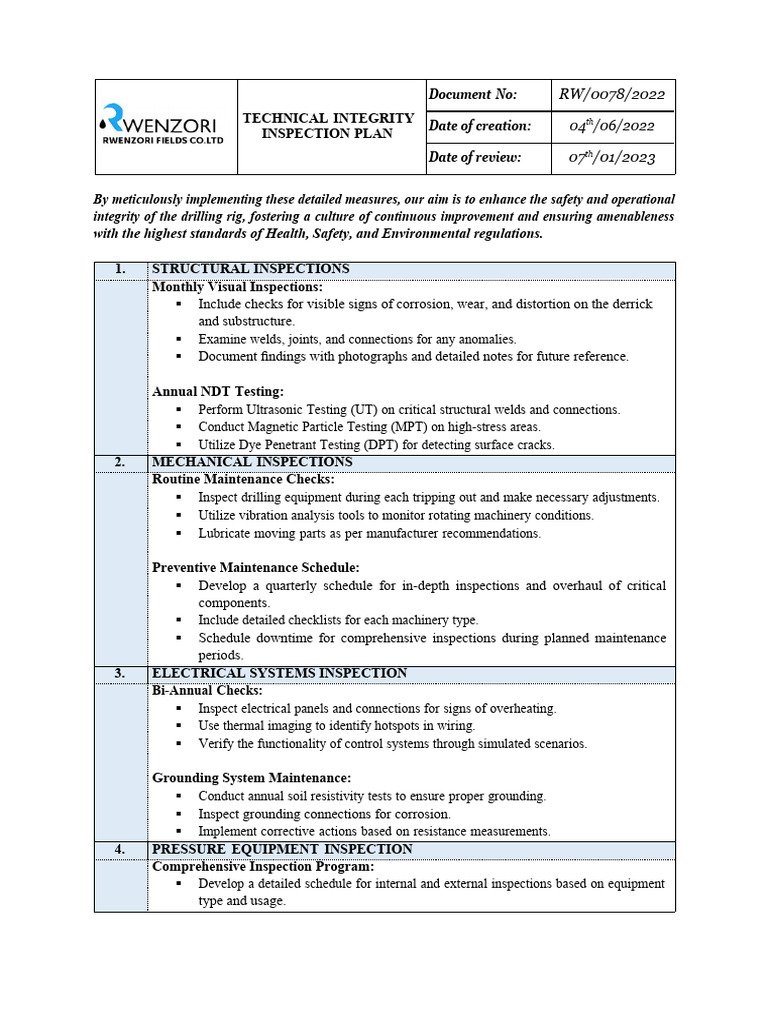 Drilling Rig Technical Integrity Plan | PDF | Nondestructive Testing ...
