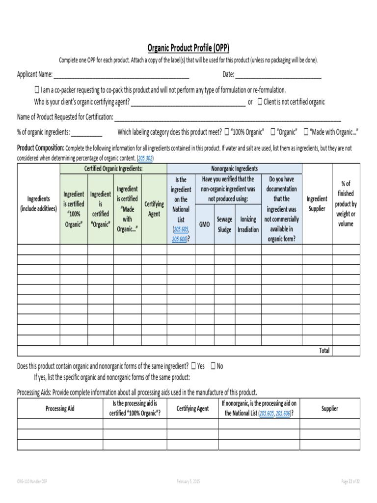 Organic Product Profile Form Guide | PDF