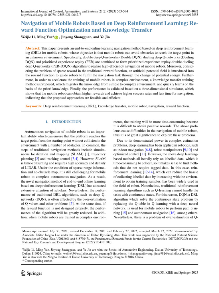 Navigation of Mobile Robots Based On Deep Reinforcement Learning: Re-Ward Function Optimization ...