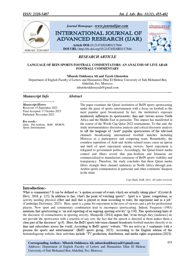 Language of Bein Sports Football Commentators: An Analysis of Live Arab ...