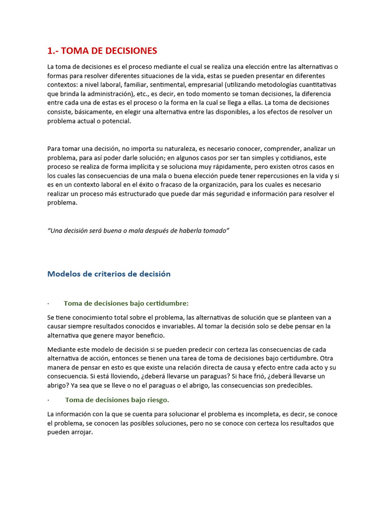 Modelos de Toma de Decisiones | PDF | Toma de decisiones | La ...