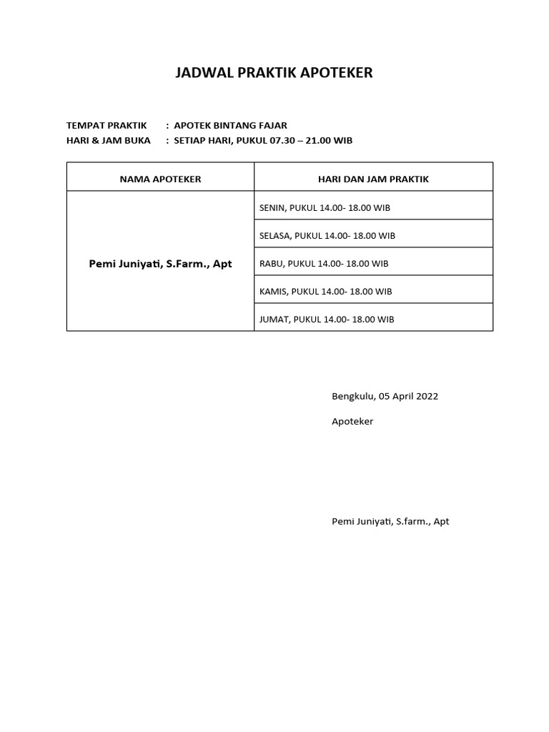 Jadwal Praktik Apoteker | PDF