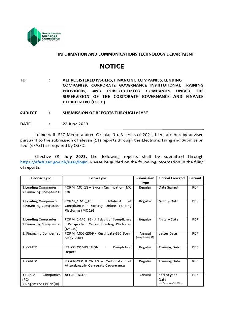 2023notice - eFAST Submission of 11 Reports | PDF