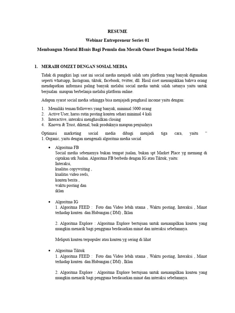 Resume Webinar Entrepreneur Series 01 Membangun Mental Bisnis Bagi Pemula Dan Meraih Omset ...