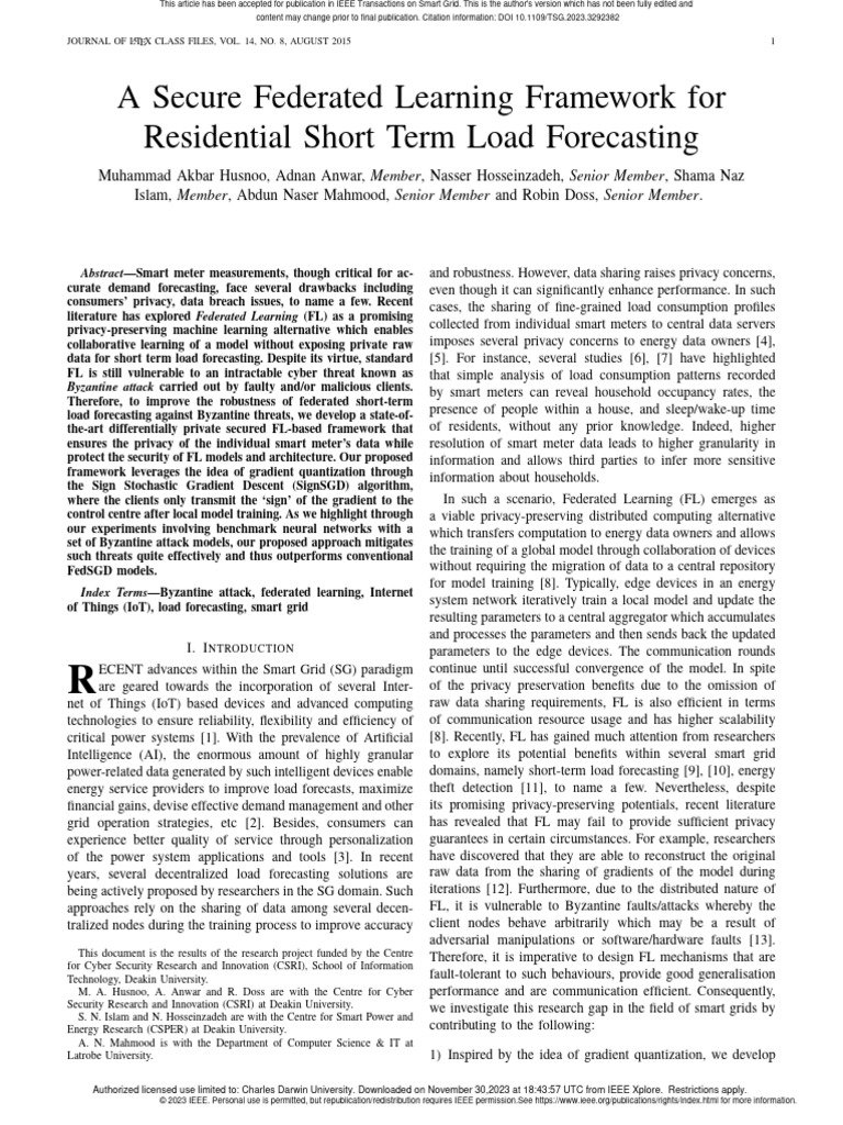 A Secure Federated Learning Framework For Residential Short Term Load Forecasting Pdf