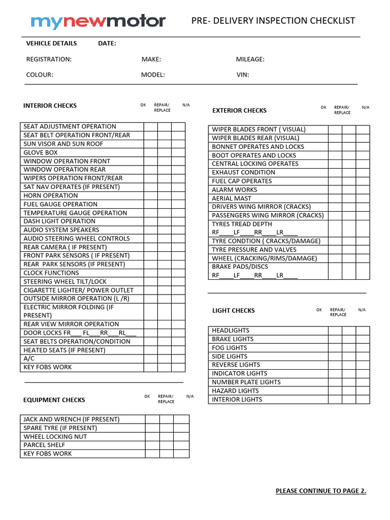 Pre-Delivery Inspection Checklist: Vehicle Details Date | PDF