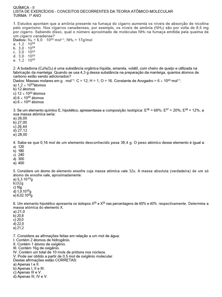 Revisão 2 Bimestral Química Ii | PDF | Mol (unidade) | Combustão