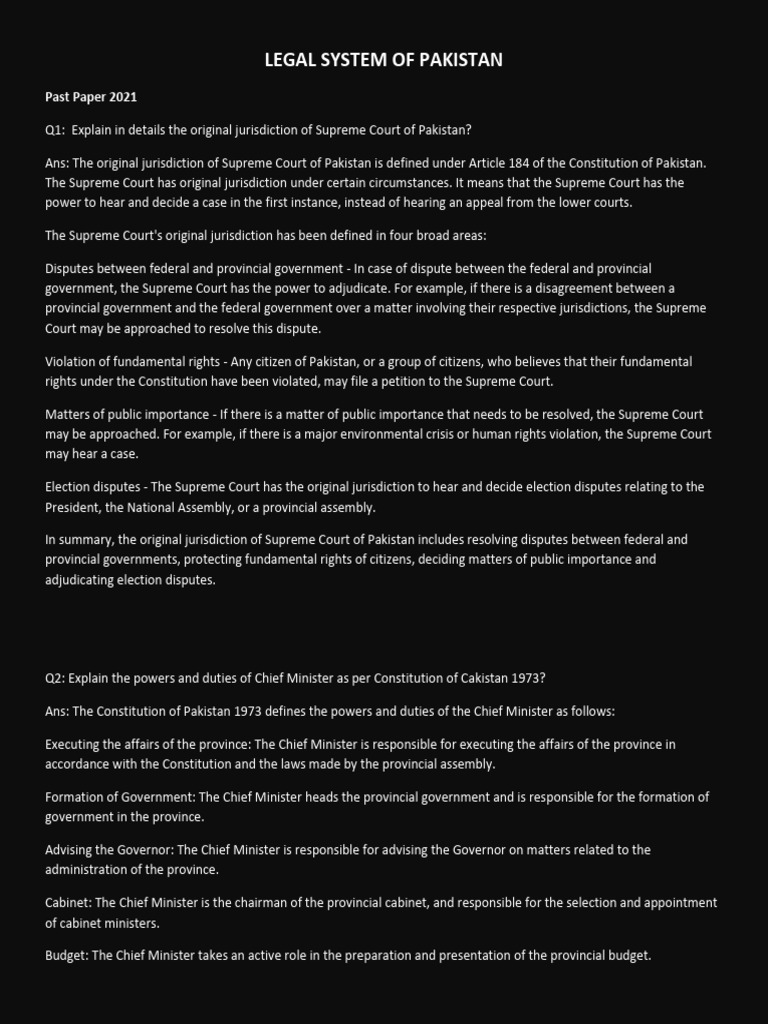 Pakistan Legal System Past Paper | PDF