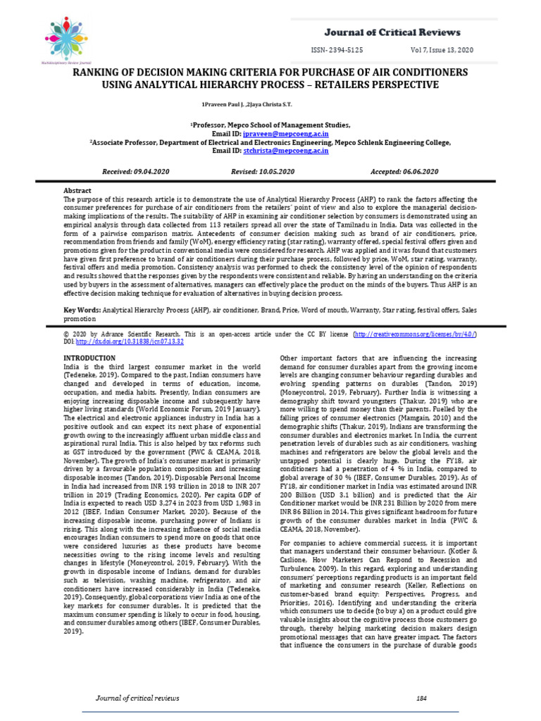RANKING OF DECISION MAKING CRITERIA FOR PURCHASE OF AIR CONDITIONERS ...