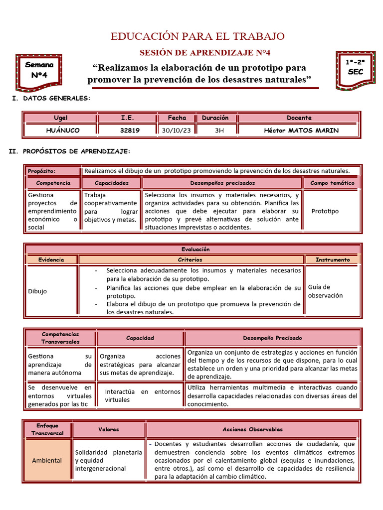 1°-2° SESIÓN DE APRENDIZAJE SESIÓN 4-SEM.4-EXP.3-EDUCACION PARA EL TRABAJO | PDF | Aprendizaje ...