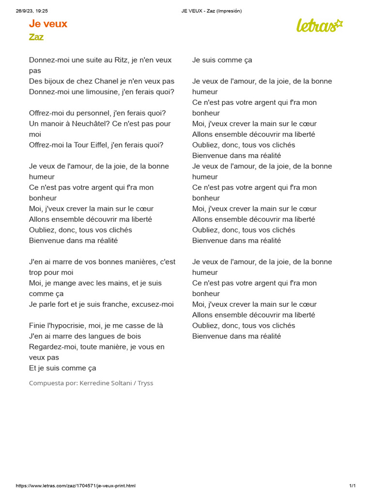 JE VEUX - Zaz | PDF
