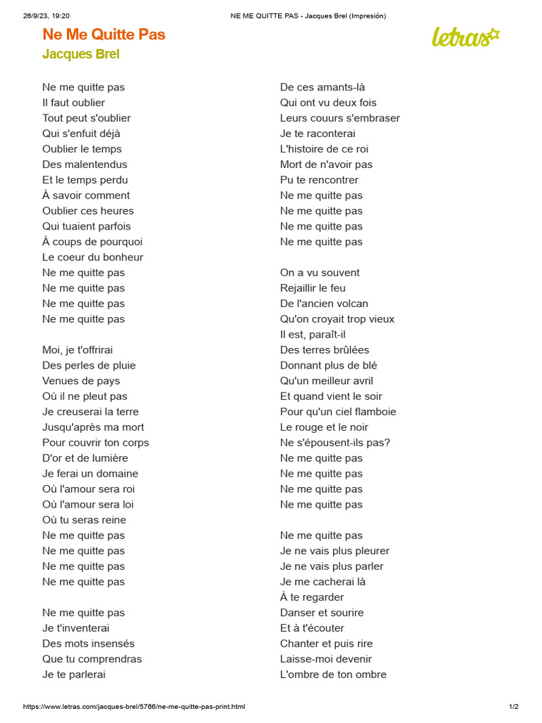 Paroles de "Ne me quitte pas" de Brel | PDF