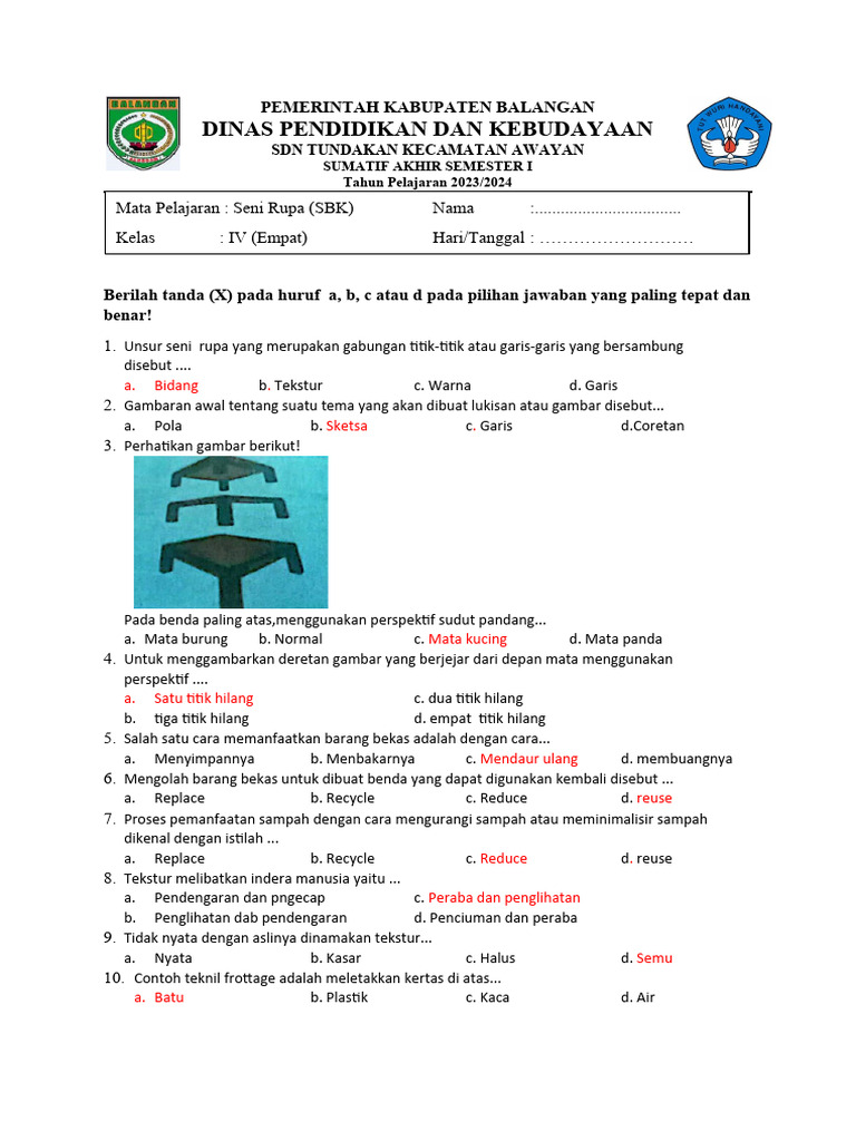 SUMATIF SENI RUPA Kls 4 | PDF