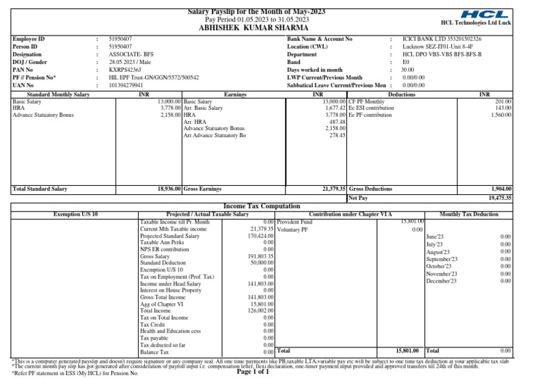 May 2023 Salary Slip for HCL Employee | PDF | Taxes | Payroll Tax